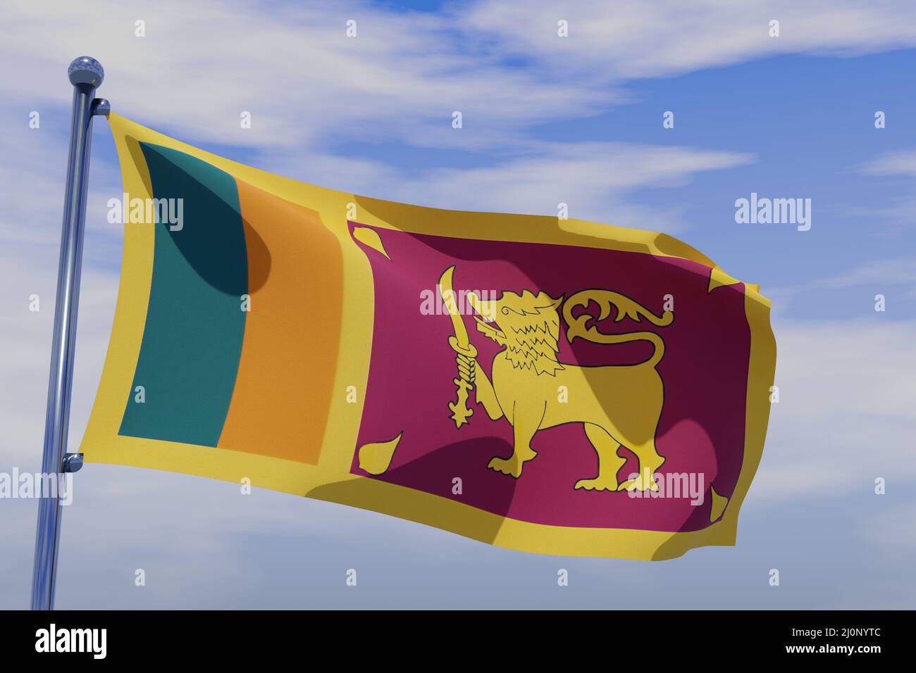 3D illustration of the waving flag of Sri Lanka with a flag pole in the ...