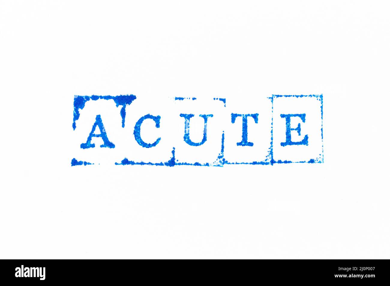 Blue color ink rubber stamp in word acute on white paper background ...