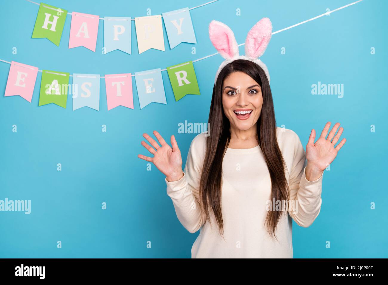 Photo of young excited girl face reaction unexpected glad event party ...