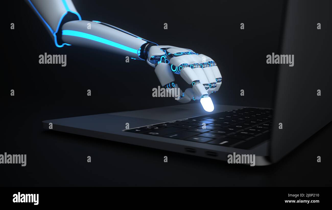 Humanoid Robot Hand Clicks Notebook Stock Photo - Alamy