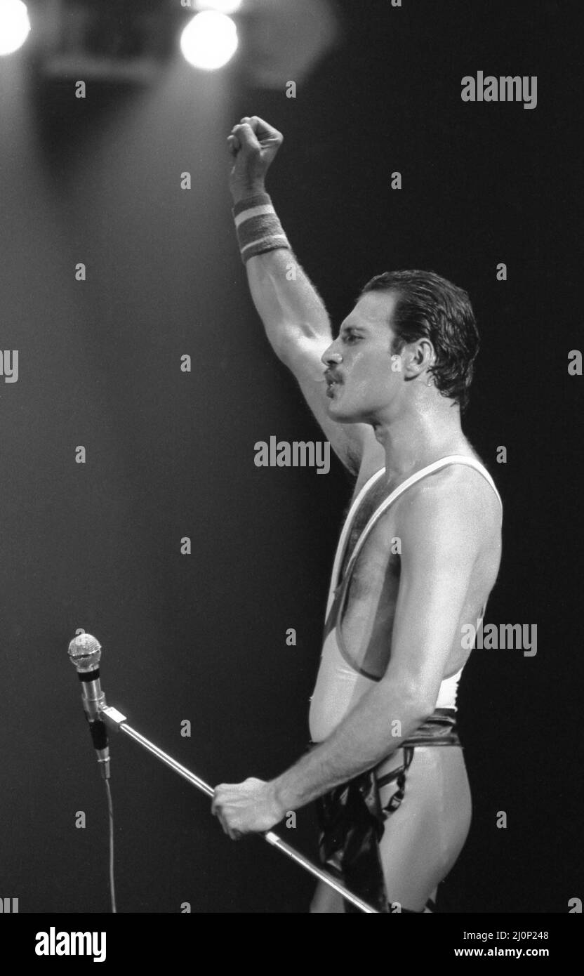 Freddie Mercury, lead singer of rock group Queen, delighted a packed ...