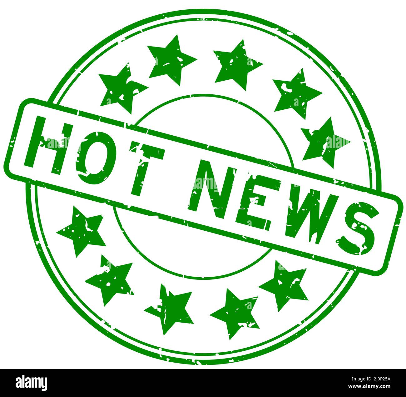 Grunge green hot news word with star icon round rubber seal stamp on ...