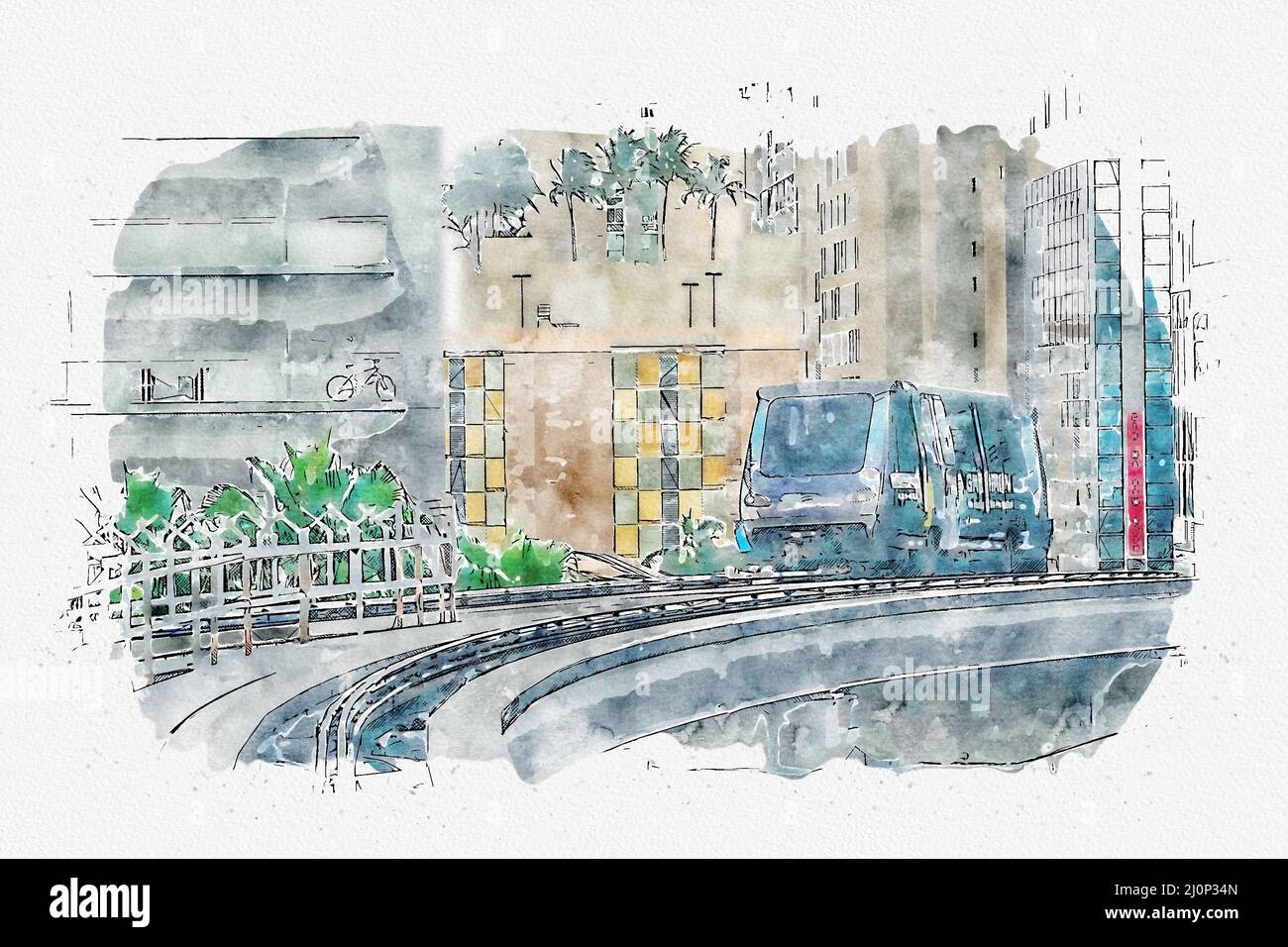 Watercolor painting illustration of Metro mover train on the station in ...