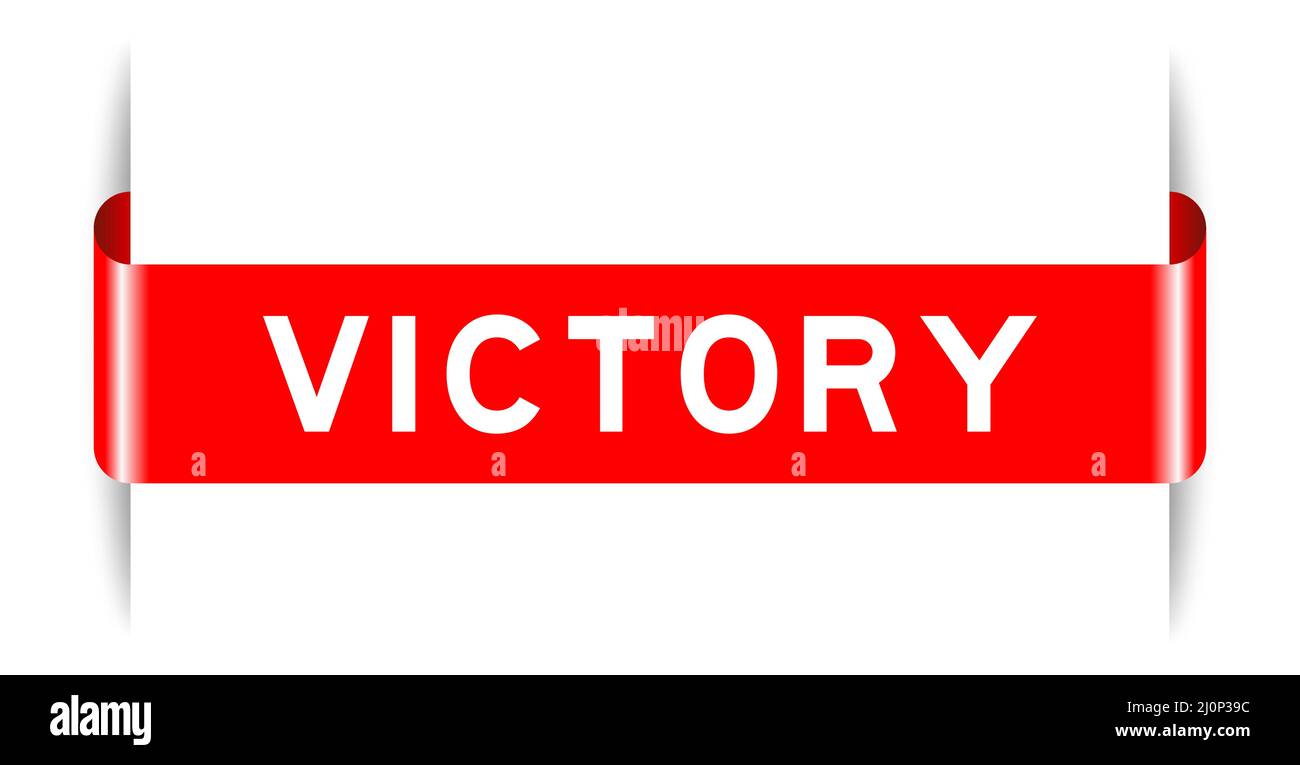 Red color inserted label banner with word victory on white background ...