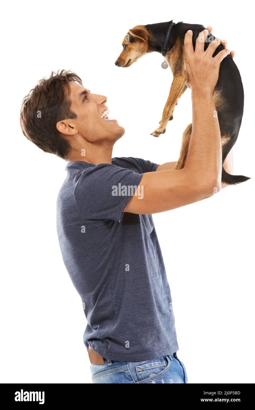 Best friends forever. A young man holding up a little dog and laughing ...