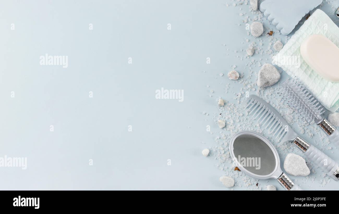 Spa products with hair brushes blue background. High quality and ...