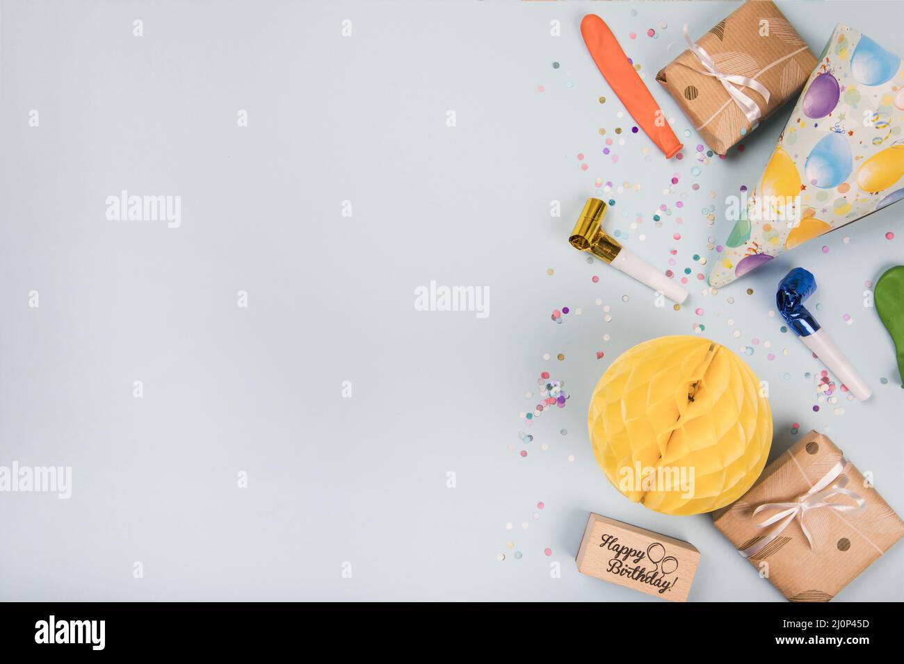 Overhead view party items gray background . High quality and resolution ...