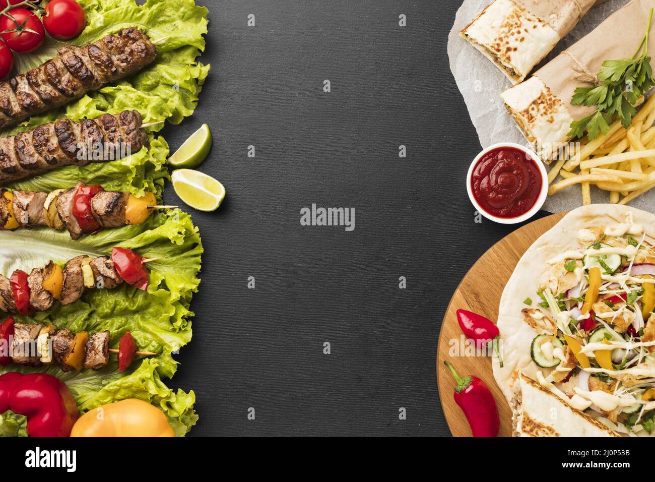 Top view delicious kebab with french fries ketchup. High quality and ...