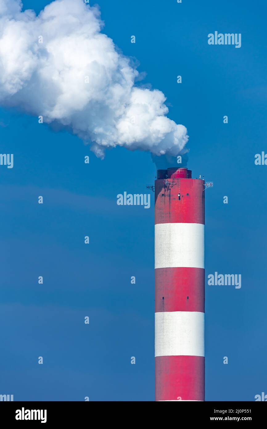 A close-up of the white smoke coming out of the red-and-white chimney ...