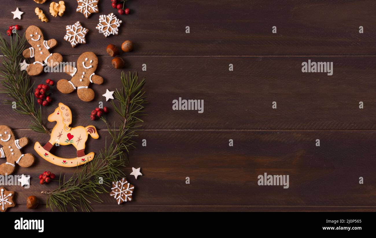 Top view of gingerbread cookies selection for christmas with copy space ...