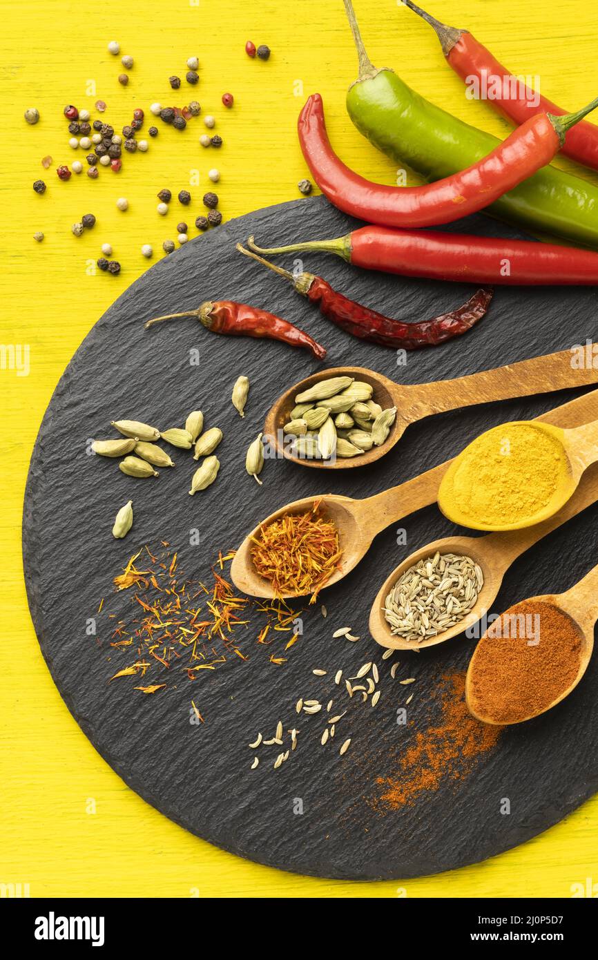 Top view peppers spices arrangement. High quality and resolution ...