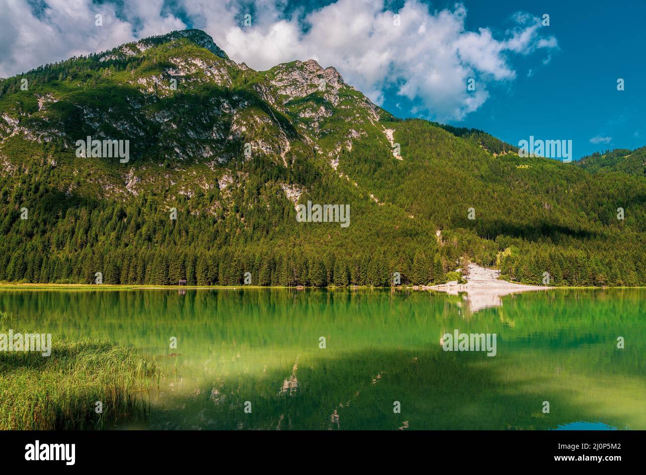 Panoramic view of Lake Dobbiaco ( Toblacher See ) in the Dolomites ...