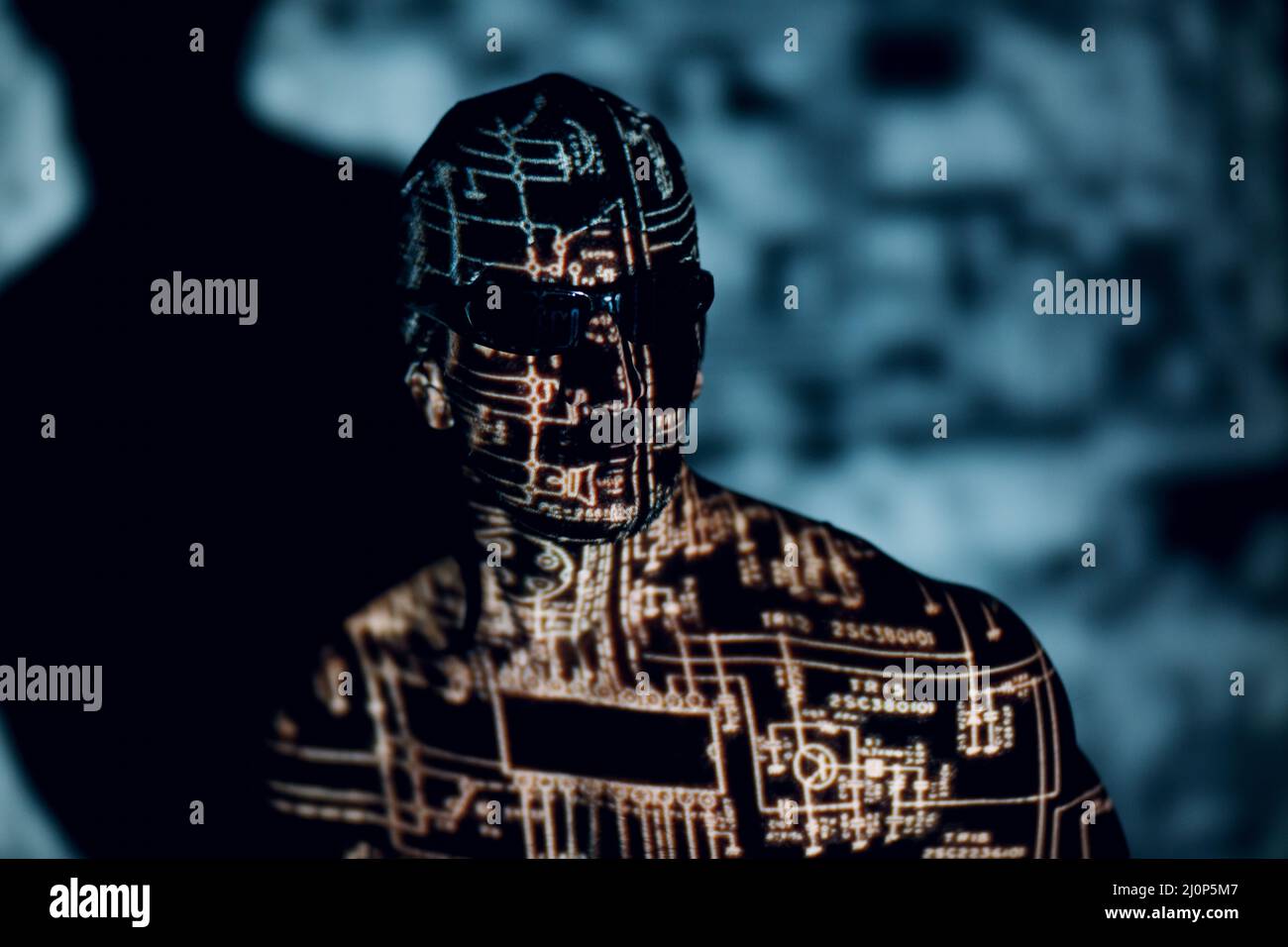 Construction worker engineer with sketching blueprints on body face ...