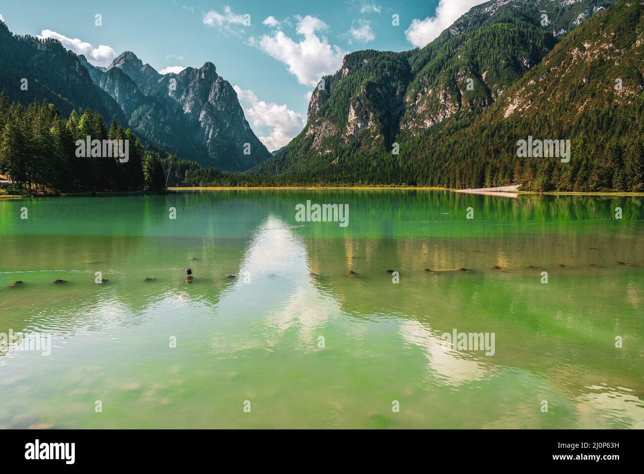 Panoramic view of Lake Dobbiaco ( Toblacher See ) in the Dolomites ...