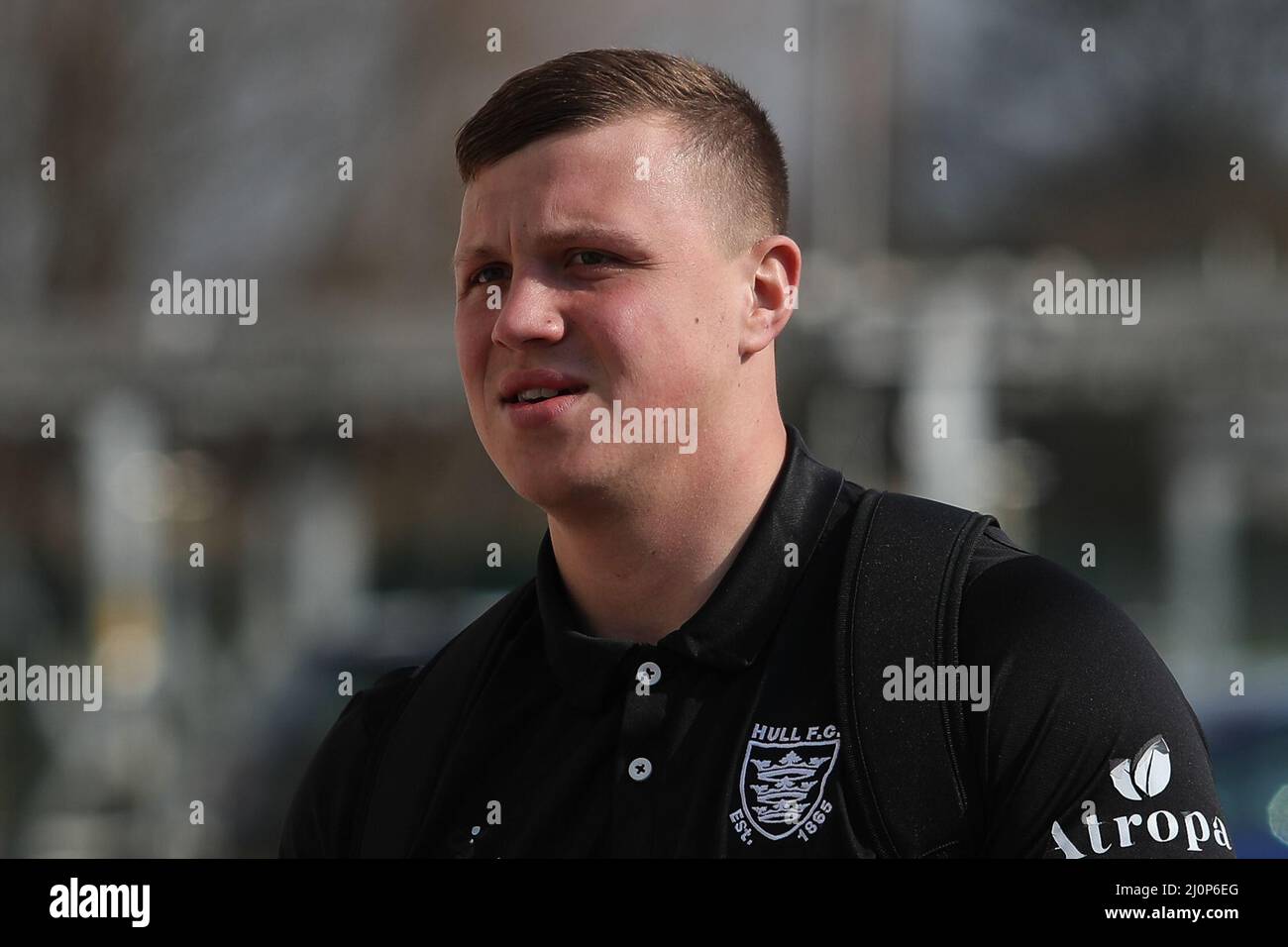 Jack Brown #20 of Hull FC arrives at The MKM Stadium ahead of today’s ...
