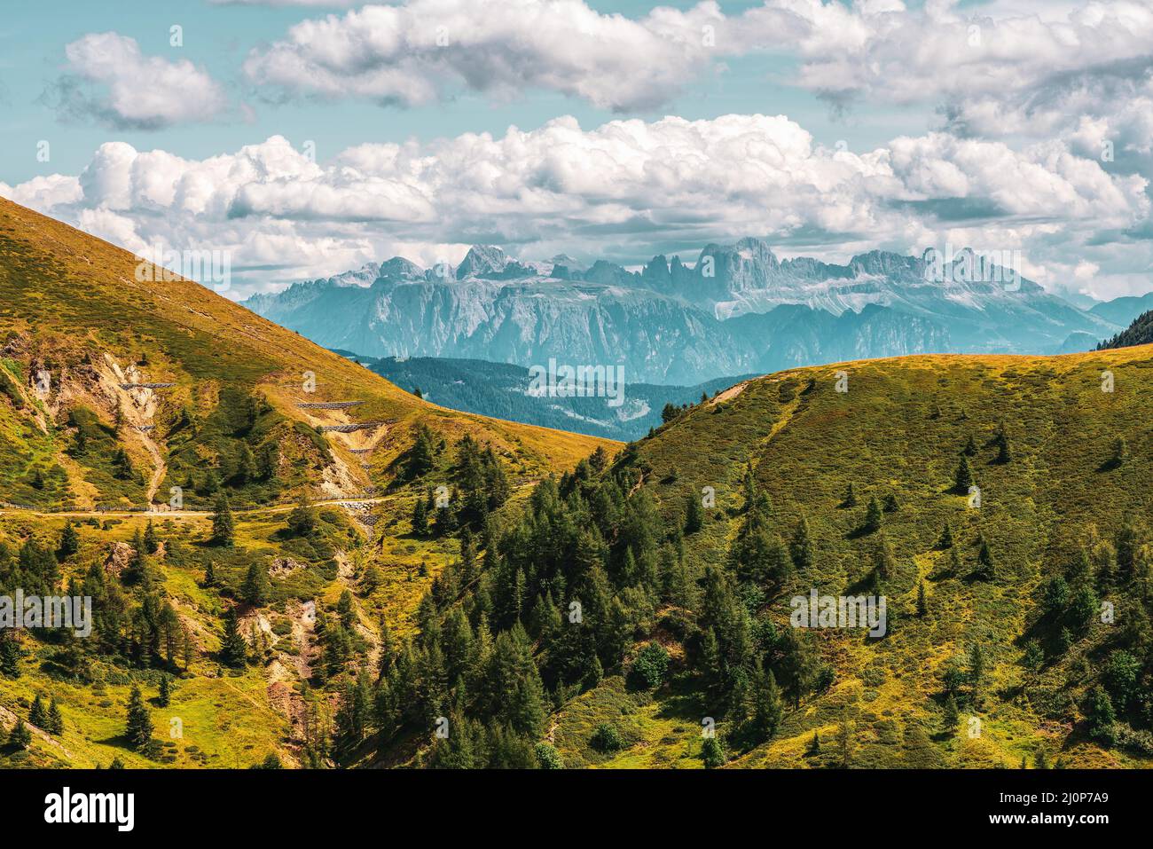 View of the Dolomites from the panoramic path to Merano 2000 in Italy ...