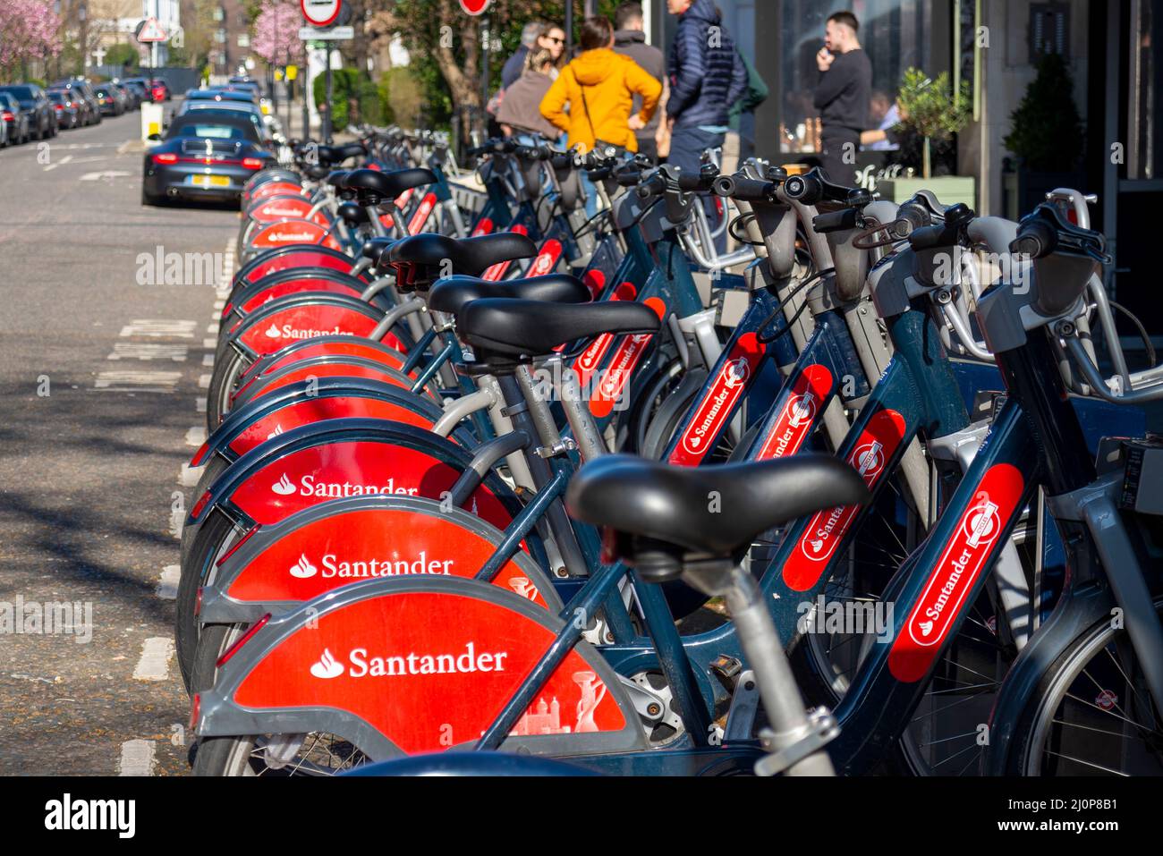 Santander Cycles in a docking station in Kensington, London. Public ...