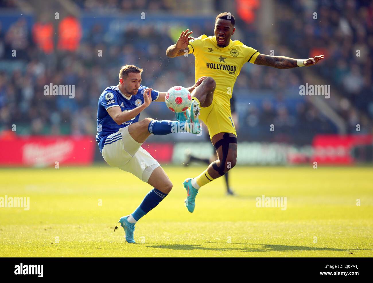 Leicester City's Timothy Castagne (left) and Brentford's Ivan Toney ...