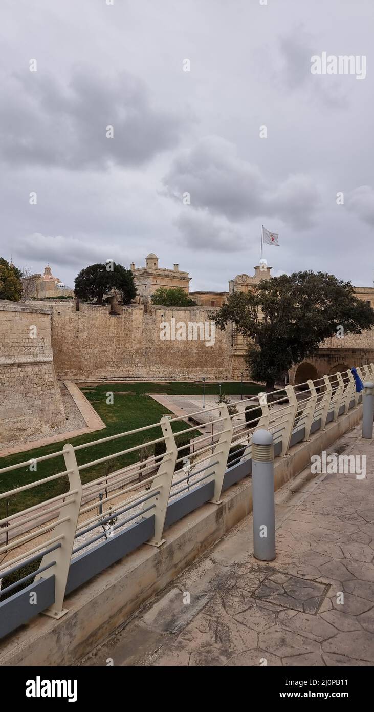 Vertical shot of Mdina city historic walls, historic capital of the ...