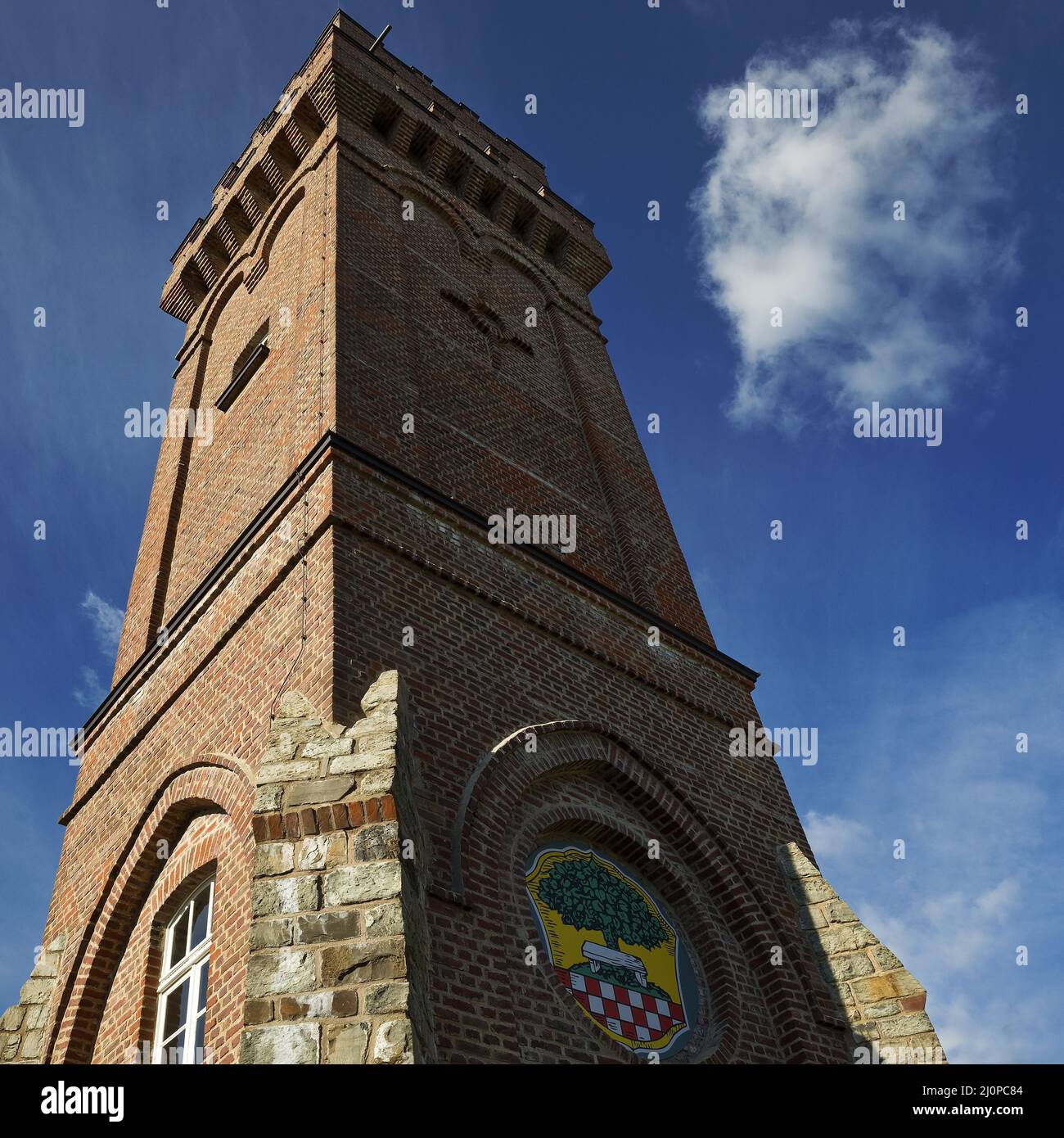The observation tower on Karlshoehe with city arms, Halver, Sauerland ...