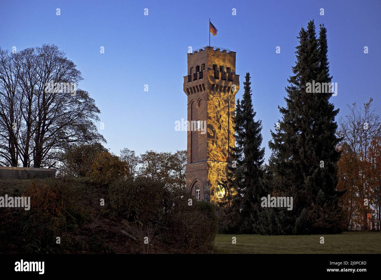 Illuminated observation tower on Karlshoehe in the evening, Halver ...