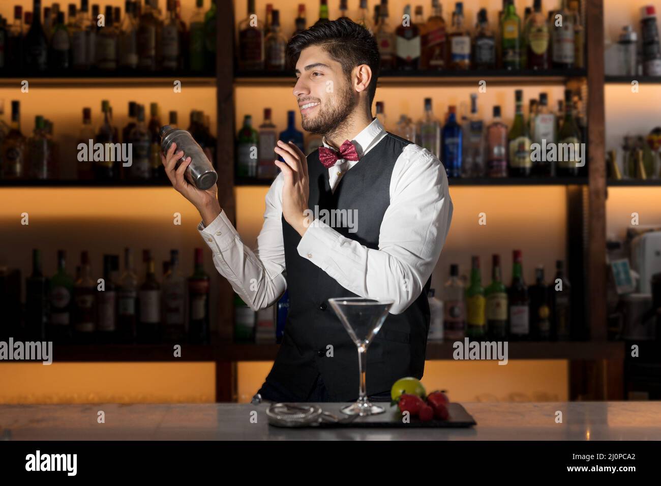 Cool professional bartender making a cocktail, shaking a cocktail ...