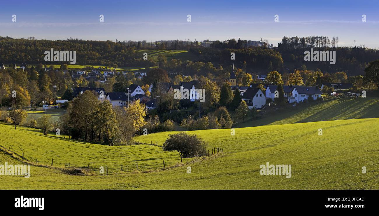 Panorama of Roensahl with the St. Engelbert Church in autumn, Kierspe ...