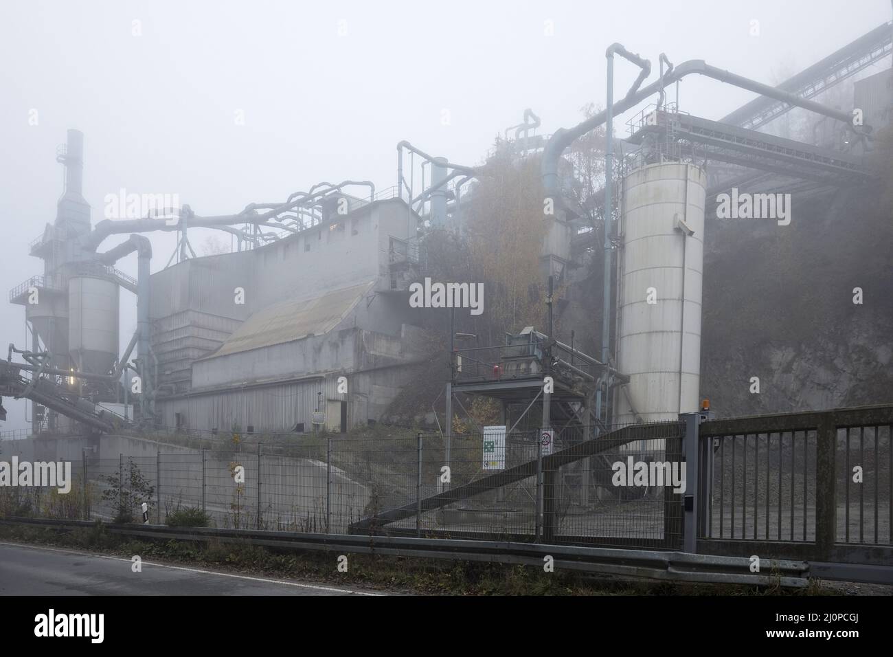 Holcim quarry gravel and chippings in the fog, Plettenberg, Sauerland ...