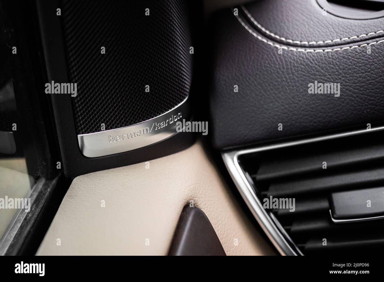 Kharkov, Ukraine - March 14, 2022: Harman Kardon speaker in Mercedes ...