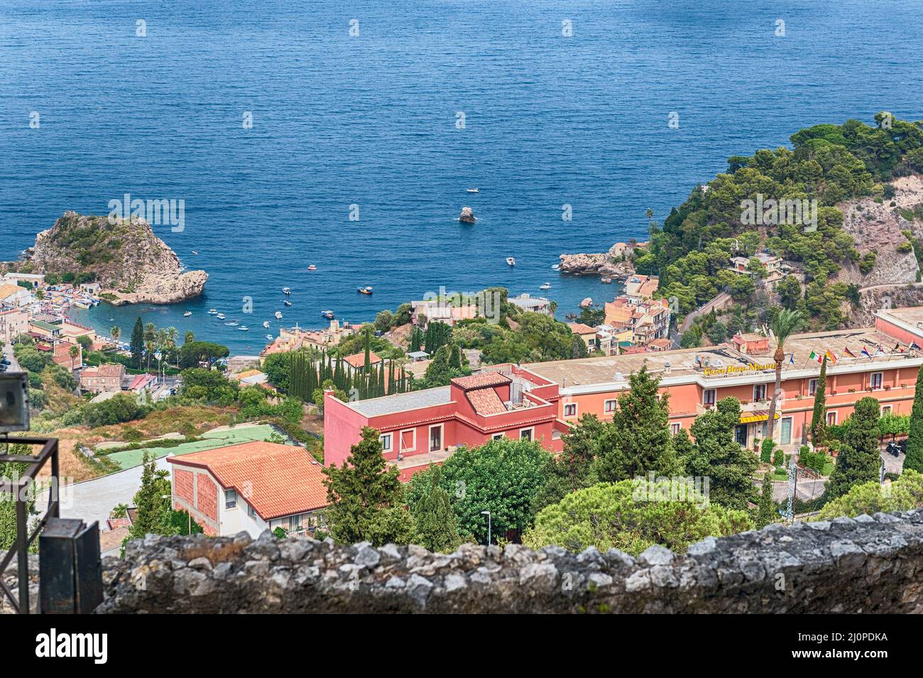 Aerial view of the beautiful waterfront of Taormina, as seen from the ...