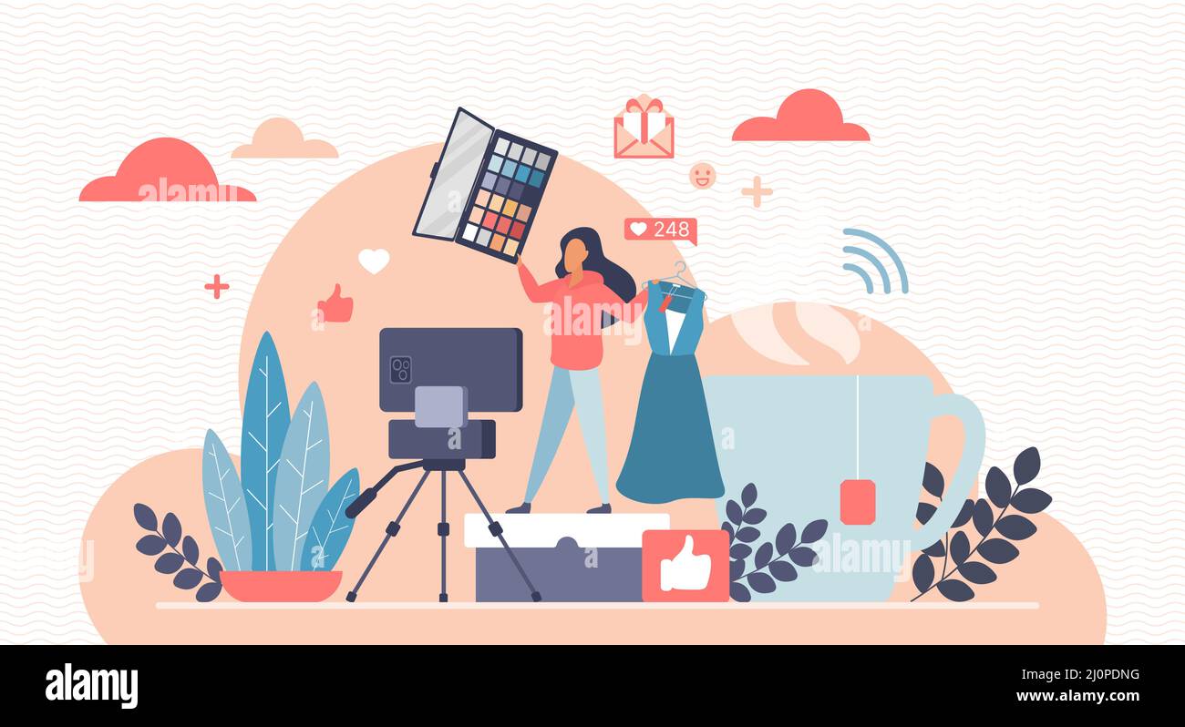 Beauty and fashion vlogger streaming vector illustration. Cartoon tiny ...