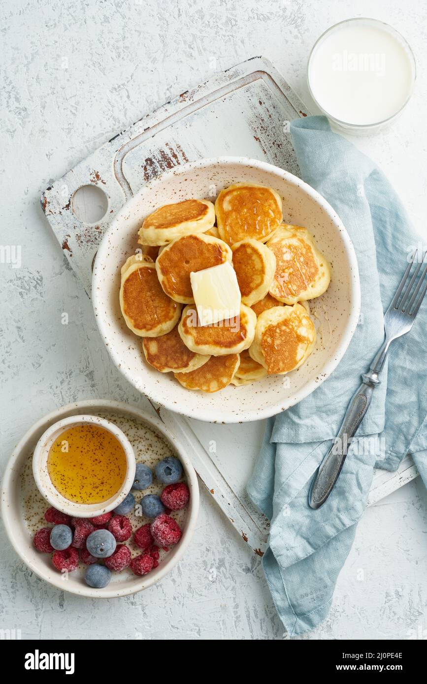 Pancakes cereal, tiny thin funny crumpet, children's food. Breakfast ...