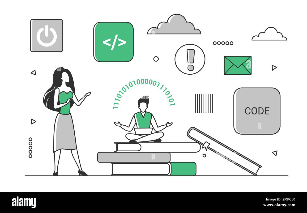 Software development team working on digital project. Coding knowledge and computing system ...