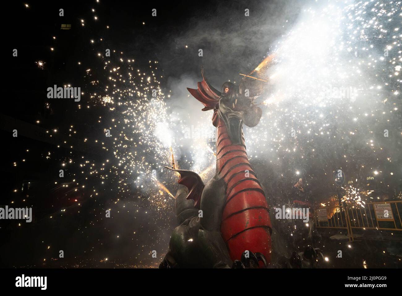 March 19, 2022, Valencia, Spain: A creature with fireworks seen during ...