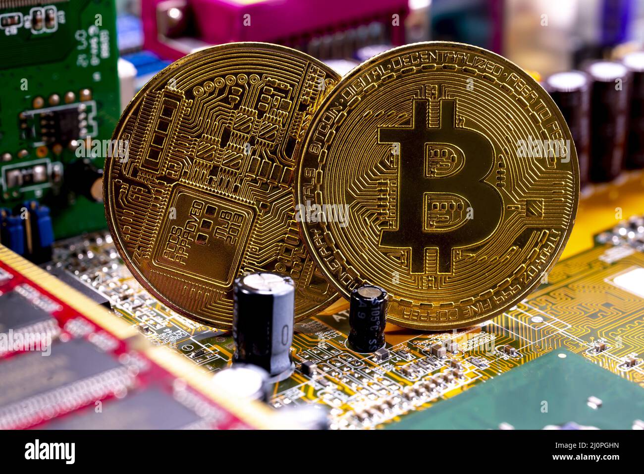 Bitcoin coins and printed circuit board PCB Stock Photo - Alamy