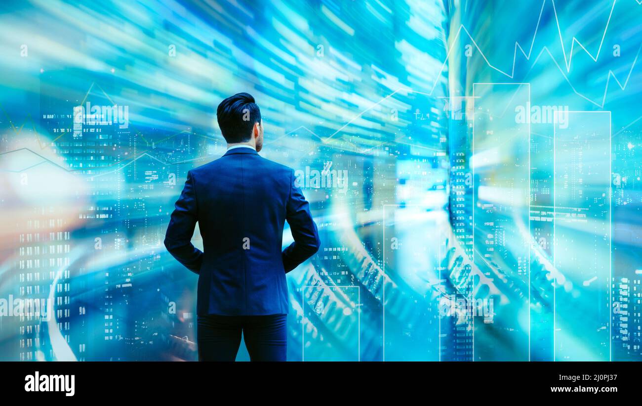 Business man watching data flow and transformation, big data, iot, data ...