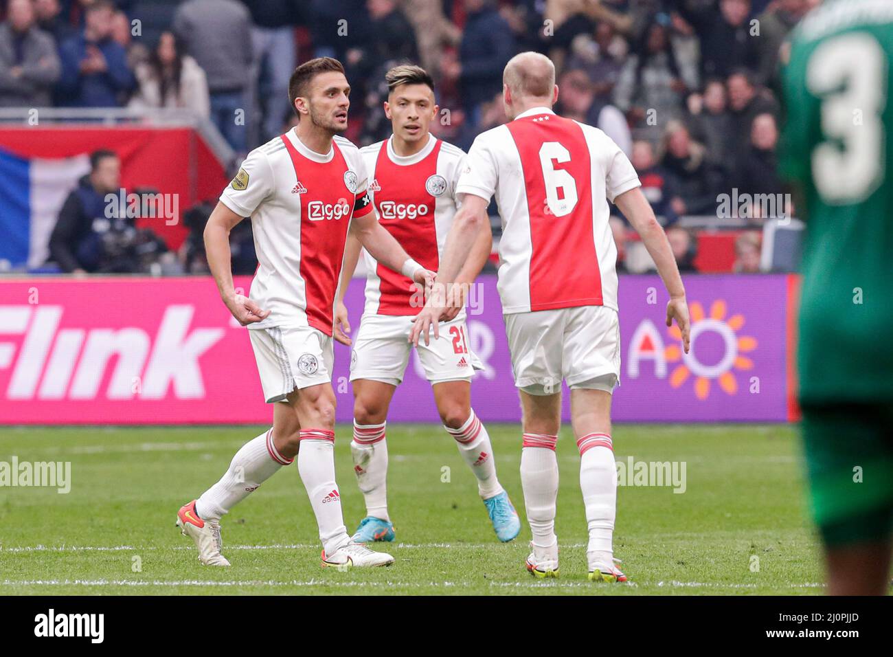 AMSTERDAM, NETHERLANDS - MARCH 20: Dusan Tadic of Ajax, Lisandro Martinez of Ajax, Davy Klaassen ...