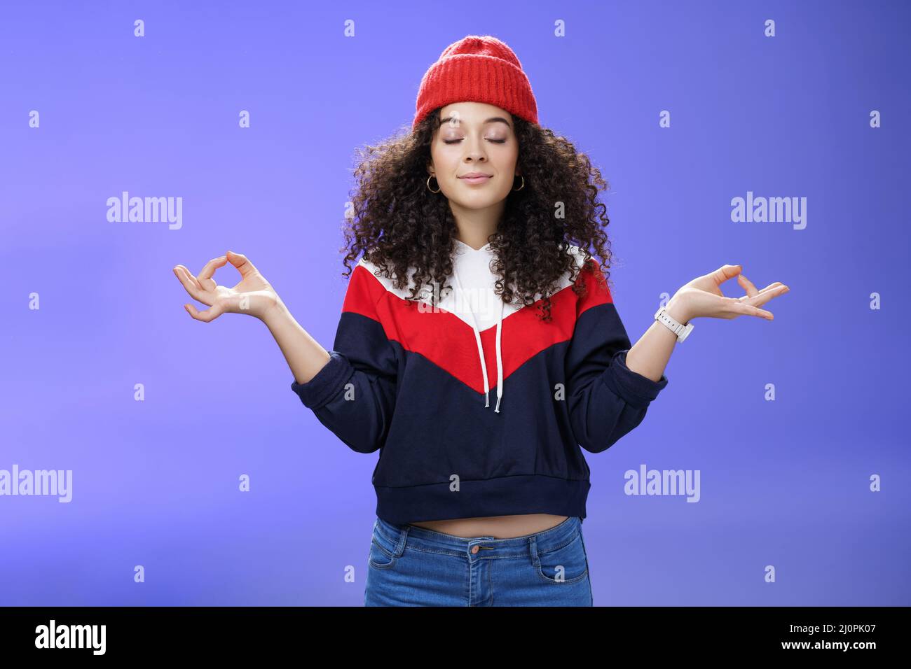 Waist-up shot of girl reaching nirvana feeling peaceful and calm ...