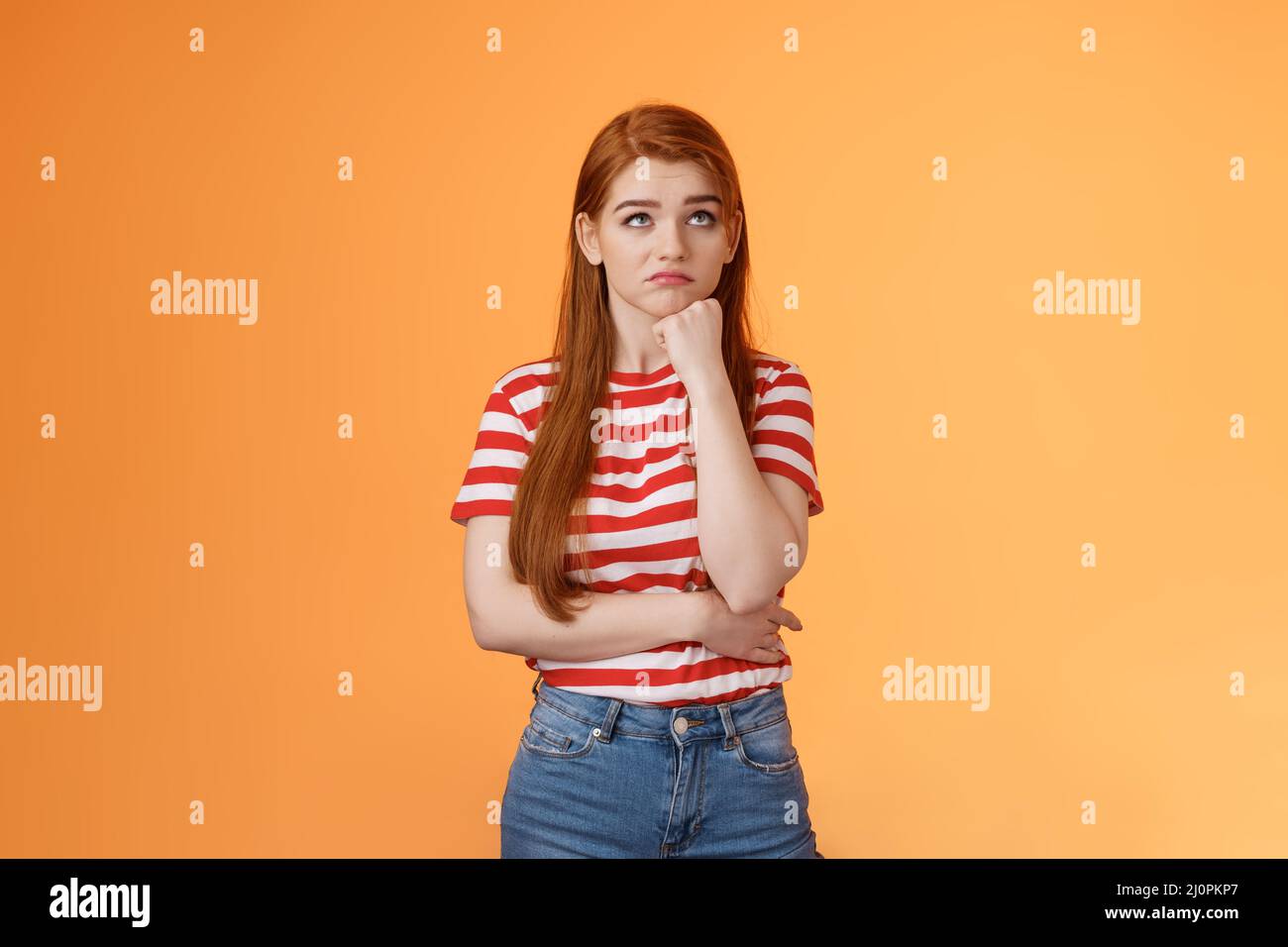 Upset redhead woman losing lottery feel uneasy distressed, look up ...