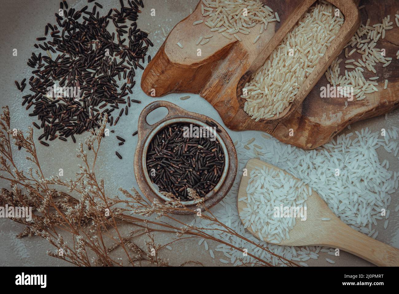 Various types of rice : Brown rice, Jasmine rice, Riceberry and dried ...
