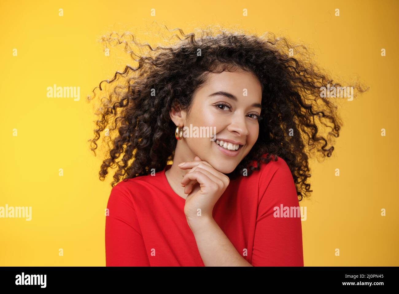 Romance, women and beauty concept. Portrait of tender and gentle pretty ...
