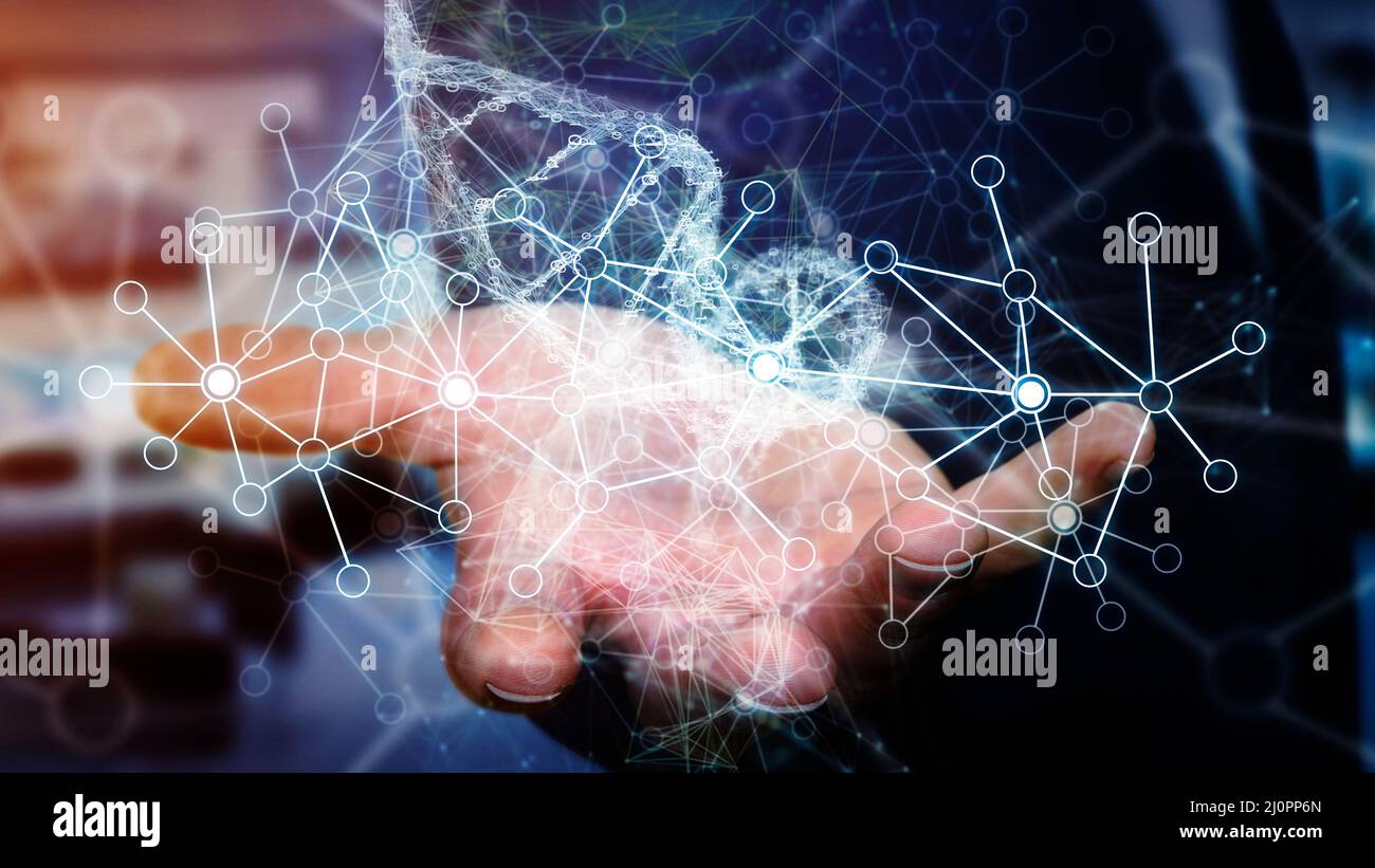 Businessman with hand-making data flow, smart hand, IoT, data flow, data transformation Stock ...