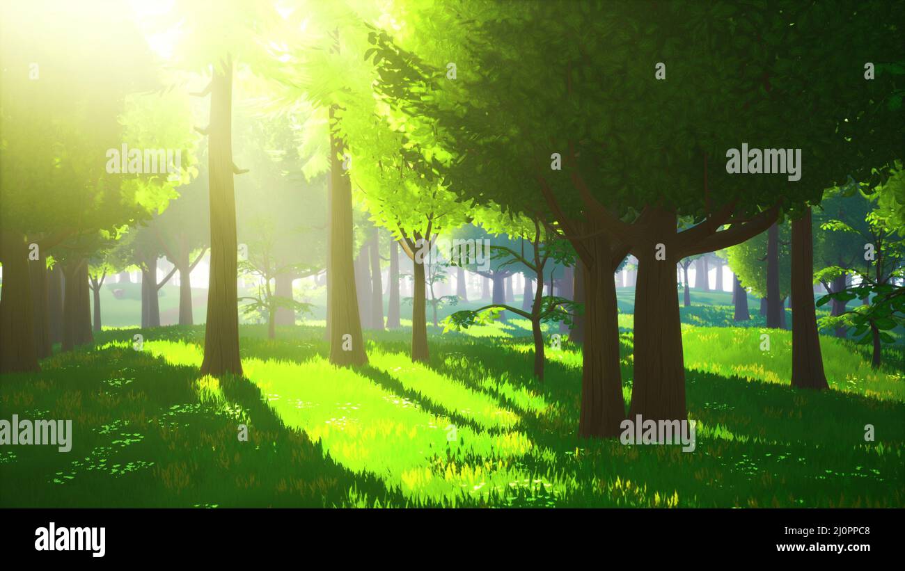Cartoon Green Forest Landscape with Trees and flowers Stock Photo - Alamy