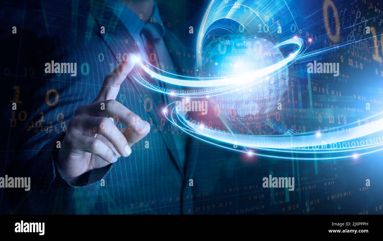 Business man hand with data transformation from the globe, data transformation, big data, IoT ...