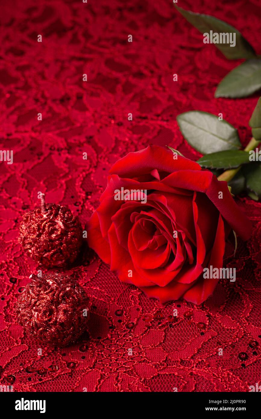 Red background with a lace pattern and rose Stock Photo - Alamy