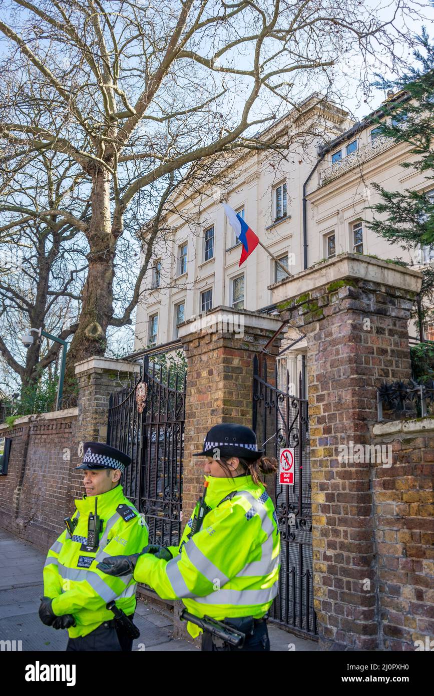 Russian Embassy in London, UK, with police officers guarding the ...