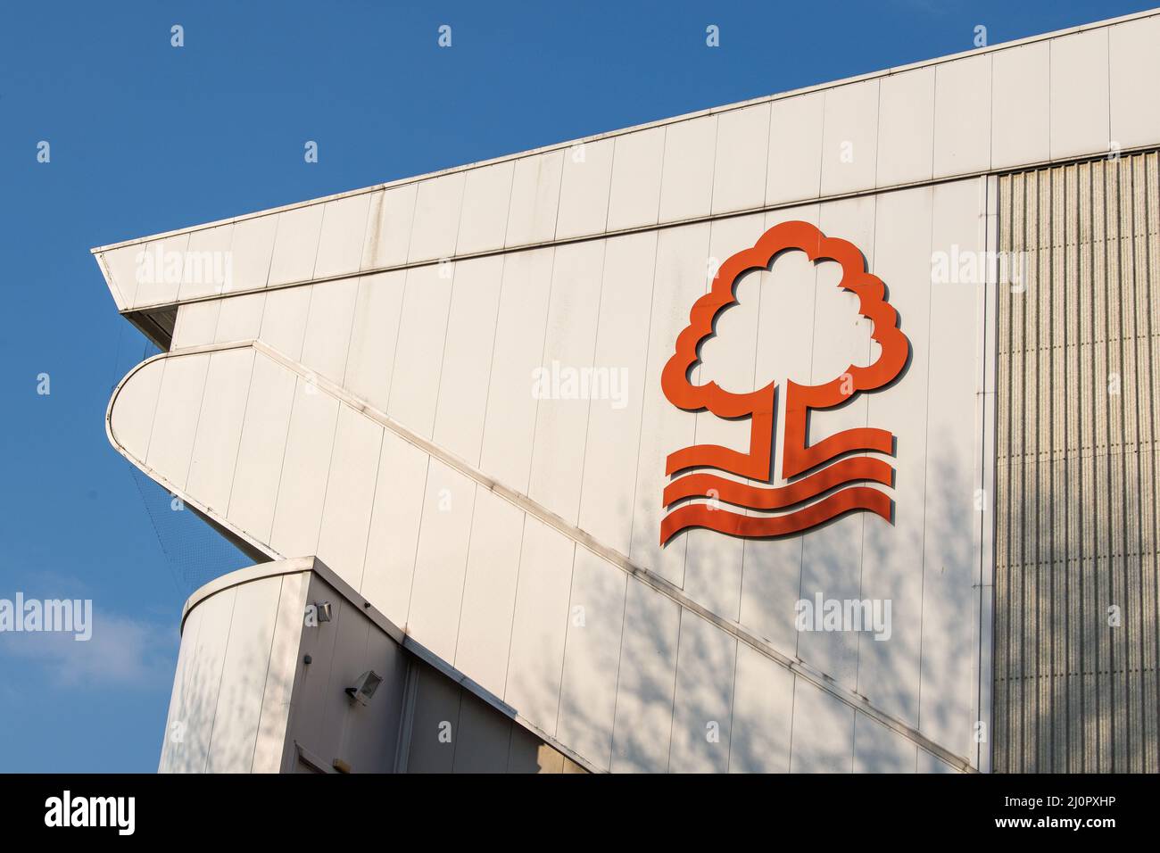 Exterior of the Trent end stand with the Nottingham Forest logo in, on ...