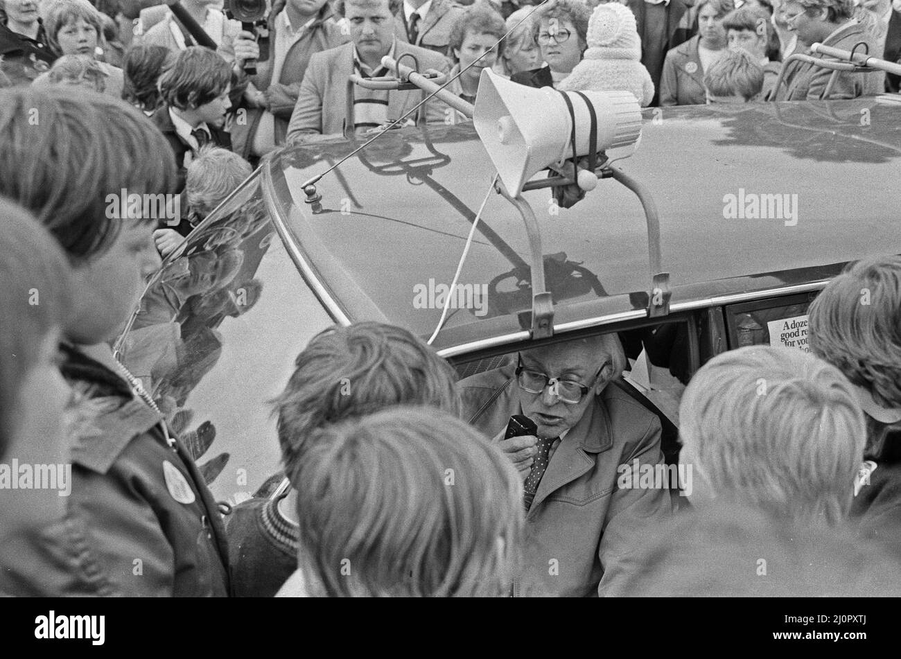 Labour Party Leader Michael Foot out campaigning in Tredegar, Gwent ...