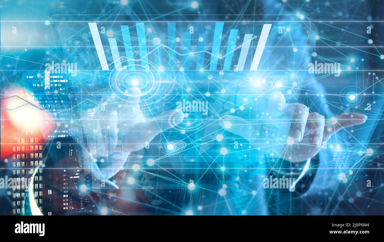 Businessman's hands make analysis on data transformation, data transformation, big data, IoT ...