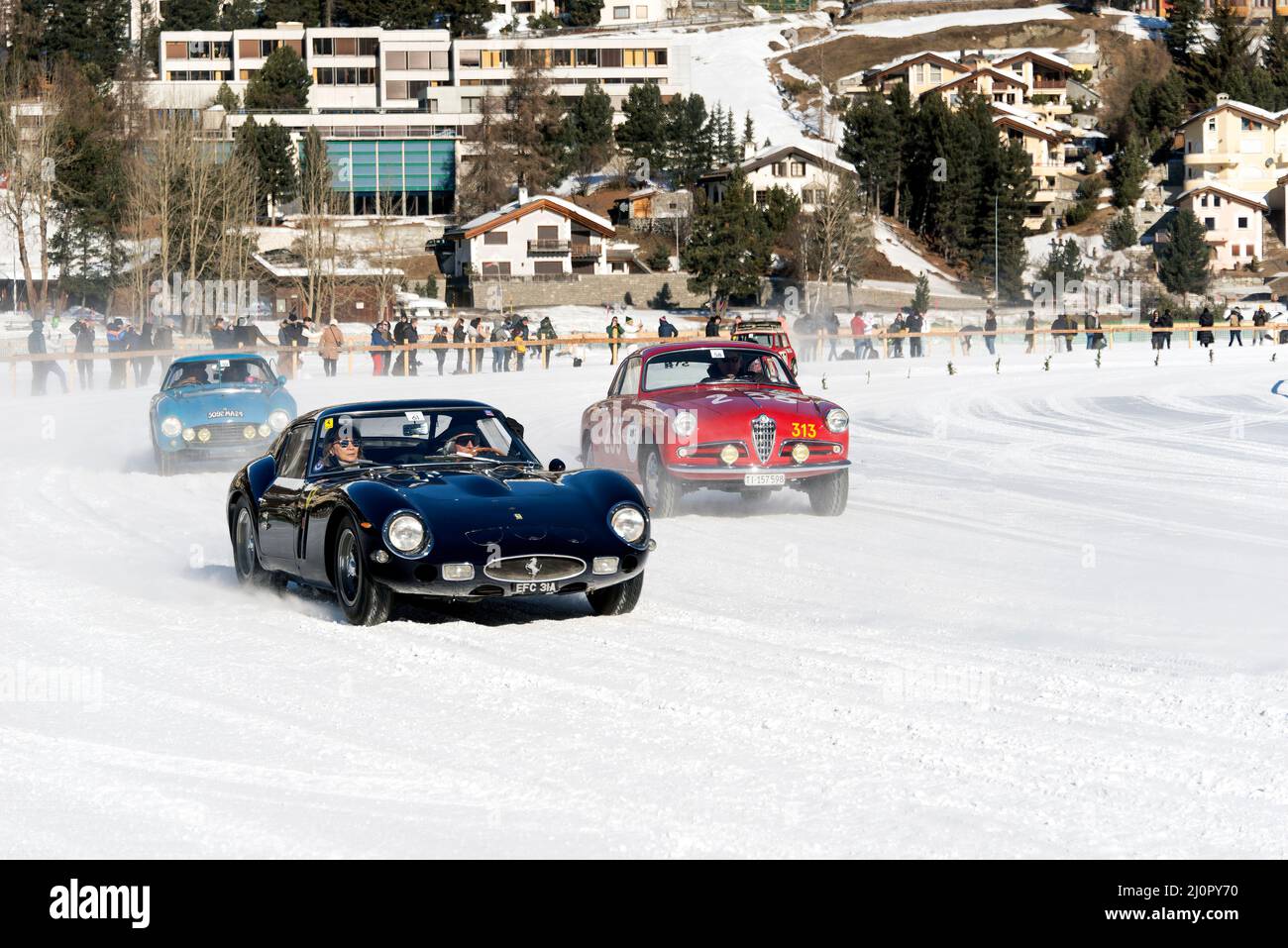 Classic vintage antique sports cars racing on the frozen lake of St ...